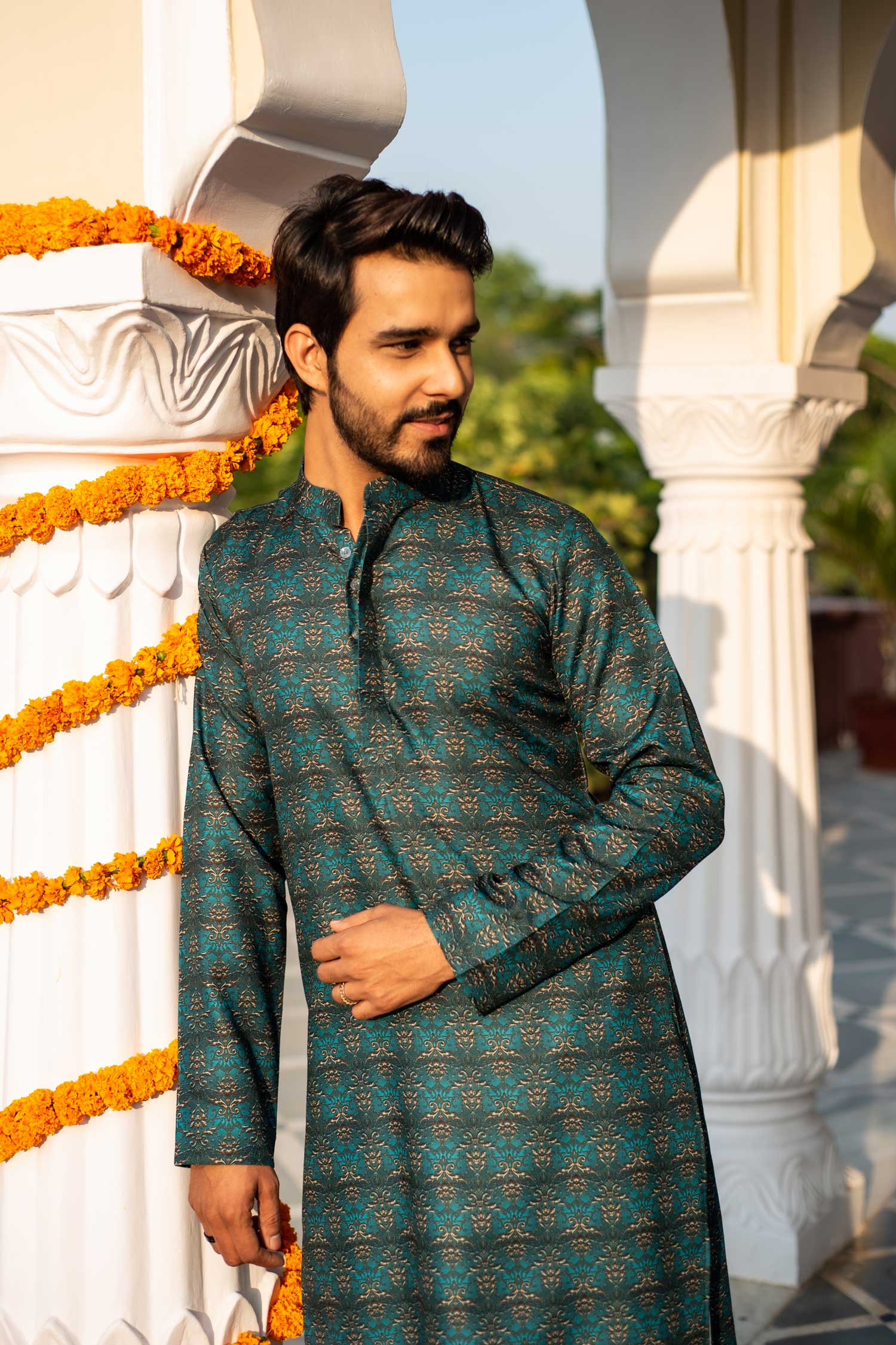 Sunhera Bageecha- Green and Gold Printed Silk Blend Kurta